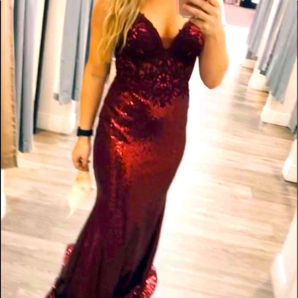Burgundy Maroon Sequin And Lace Mermaid Formal Dress … - Gem